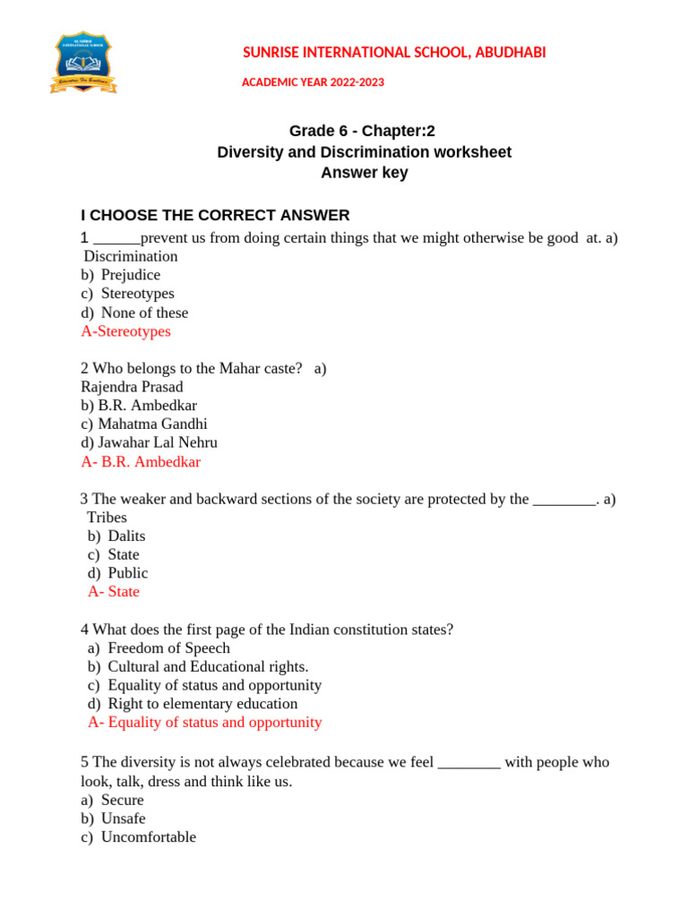 Gr-6 DIVERSITY DISCRIMINATION - ANSWER KEY WORKSHEET | PDF