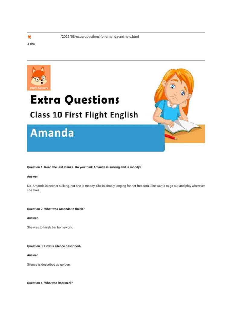 Extra Questions For Amanda Class 10 English First Flight | PDF