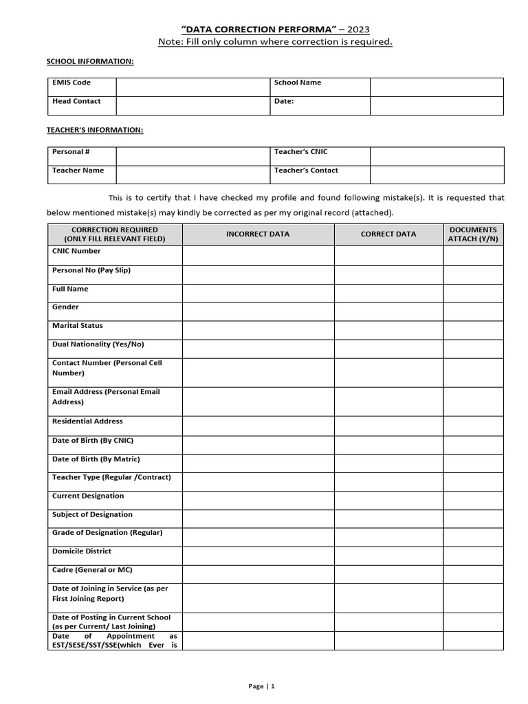 Sis Data Correction Form 2023 | PDF | Career & Growth