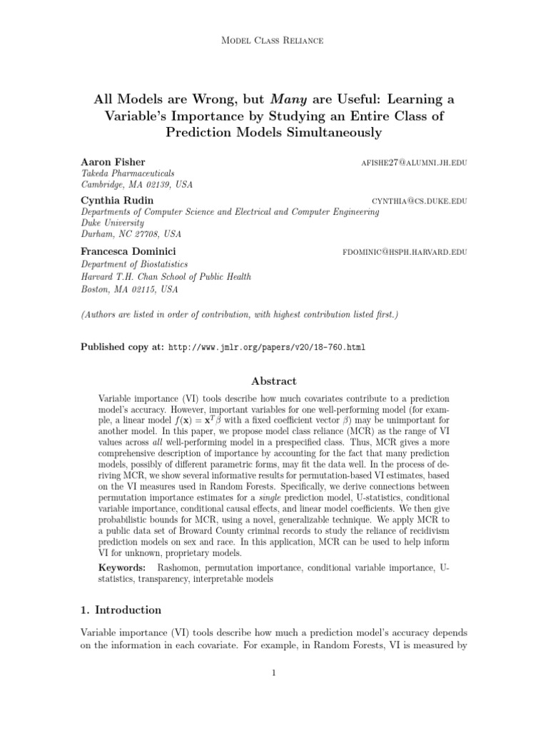 All Models Are Wrong, But Are Useful: Learning A Variable's Importance by Studying An Entire ...