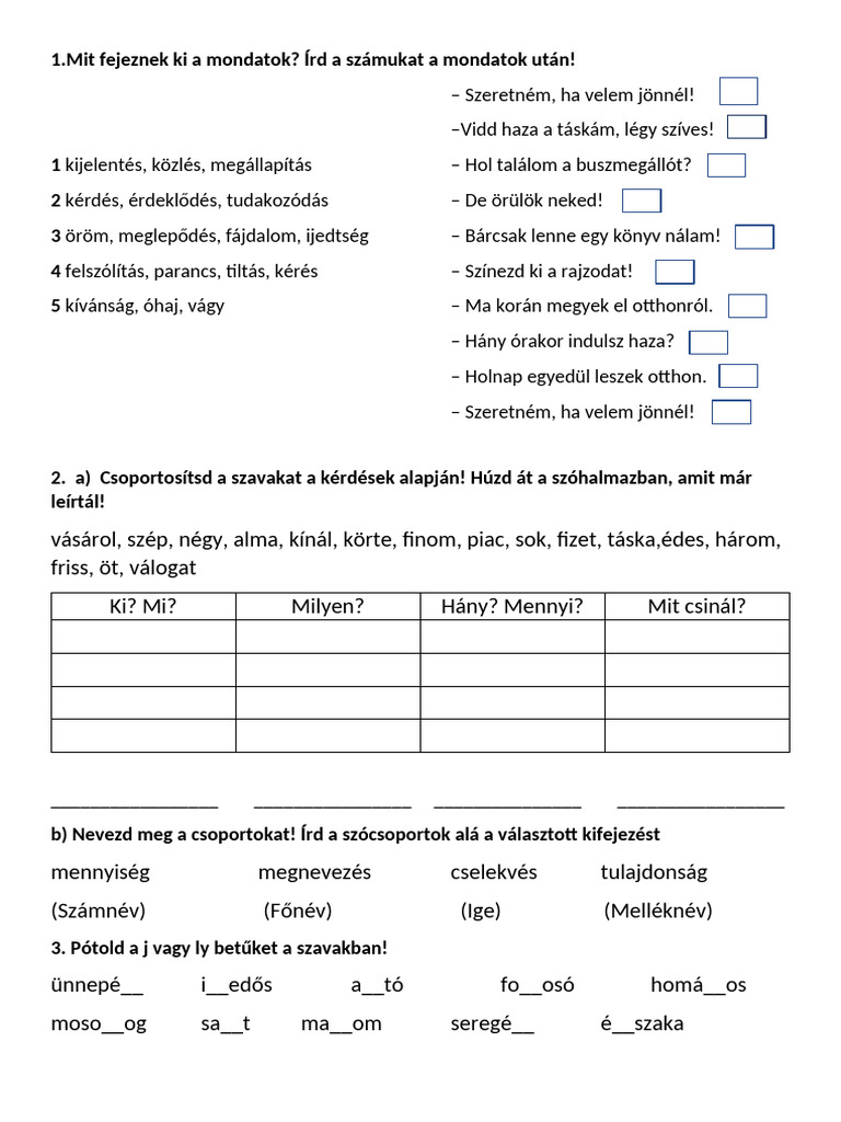 Nyelvtan felmérő 4.osztály | PDF
