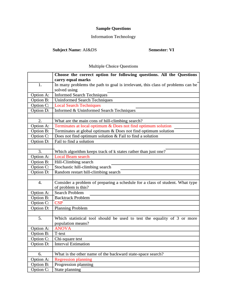 IT - Sem VI - AI&DS Sample Questions | PDF