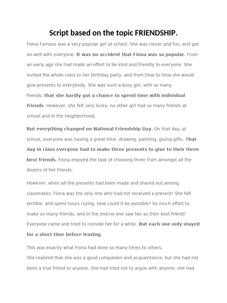 Script Based On The Topic FRIENDSHIP | PDF