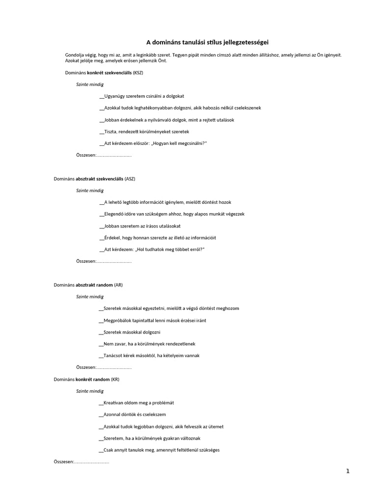 Gregorc Teszt És Értelmezése | PDF