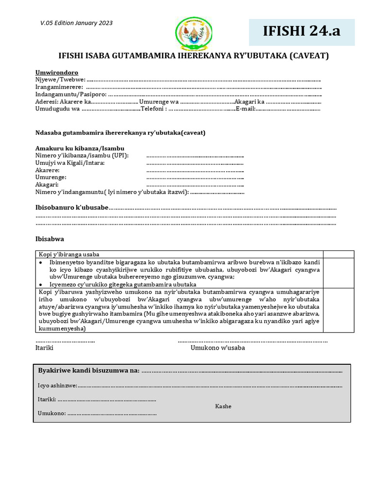 A Ifishi Isaba Gutambamira Iherekanya Ry Ubutaka Caveat | PDF