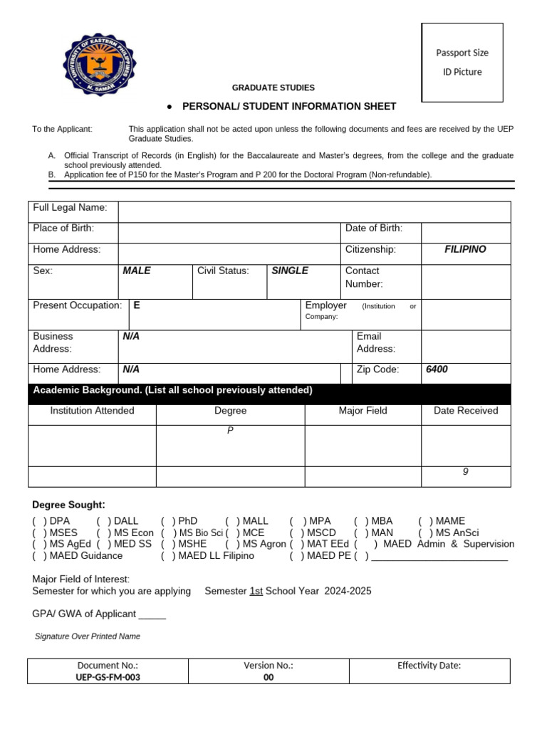 FM003.PDS Student Info Sheet | PDF