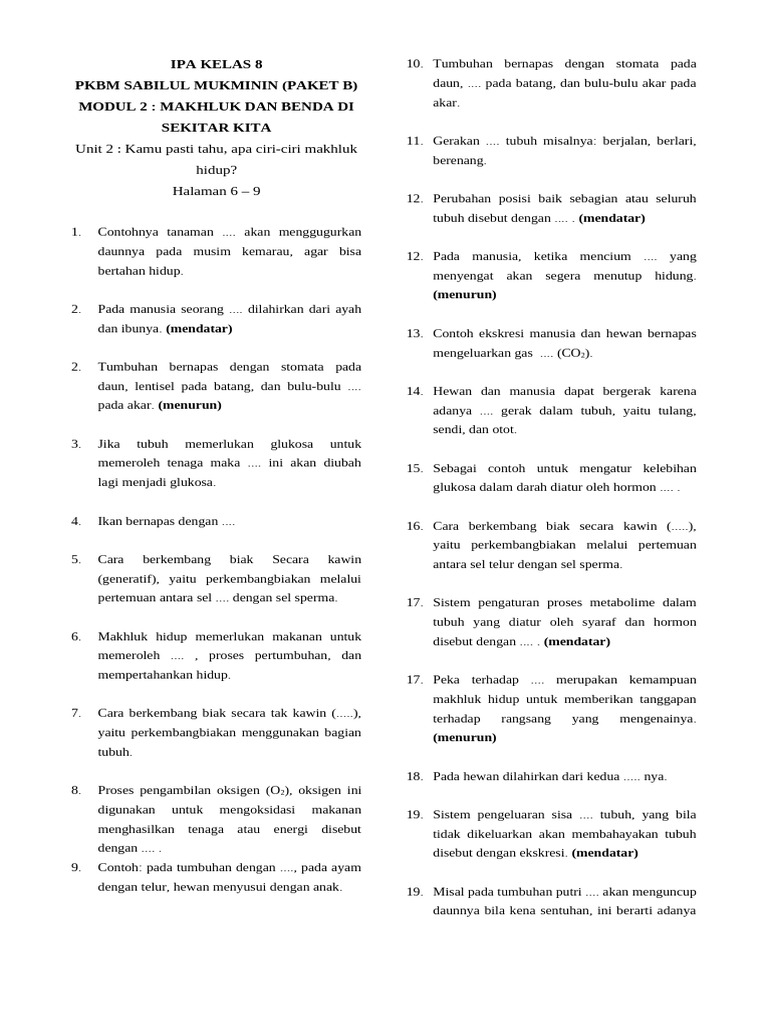 Latihan Puzzle Unit 2 Ciri Ciri Makhluk Hidup | PDF