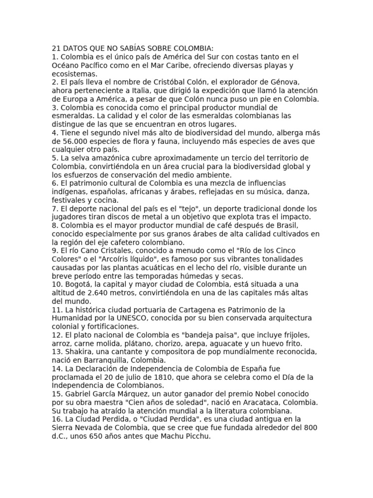 21 Datos Que No Sabías Sobre Colombia | PDF
