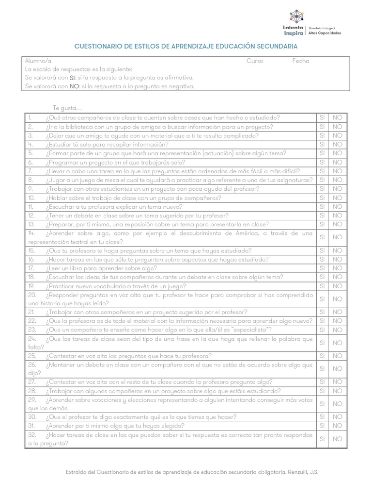Cuestionarios Estilos de Aprendizaje Educación Secundaria Obligaroria + Corrección | PDF