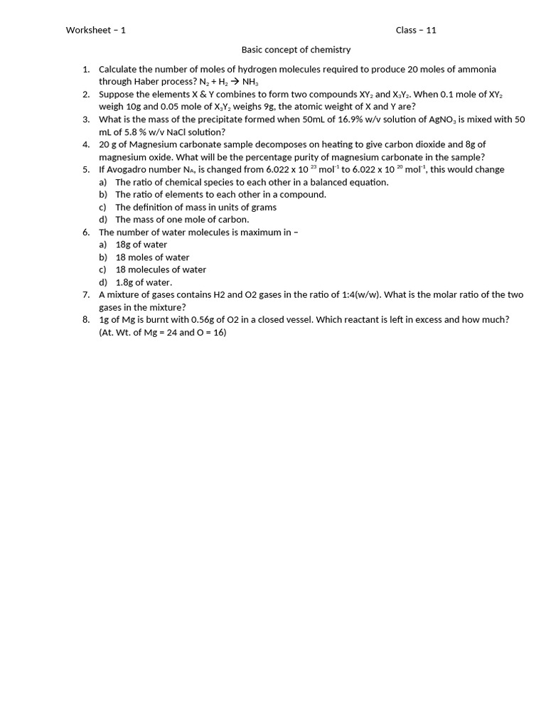 Basic Concept of Chemistry Worksheet | PDF | Science & Mathematics