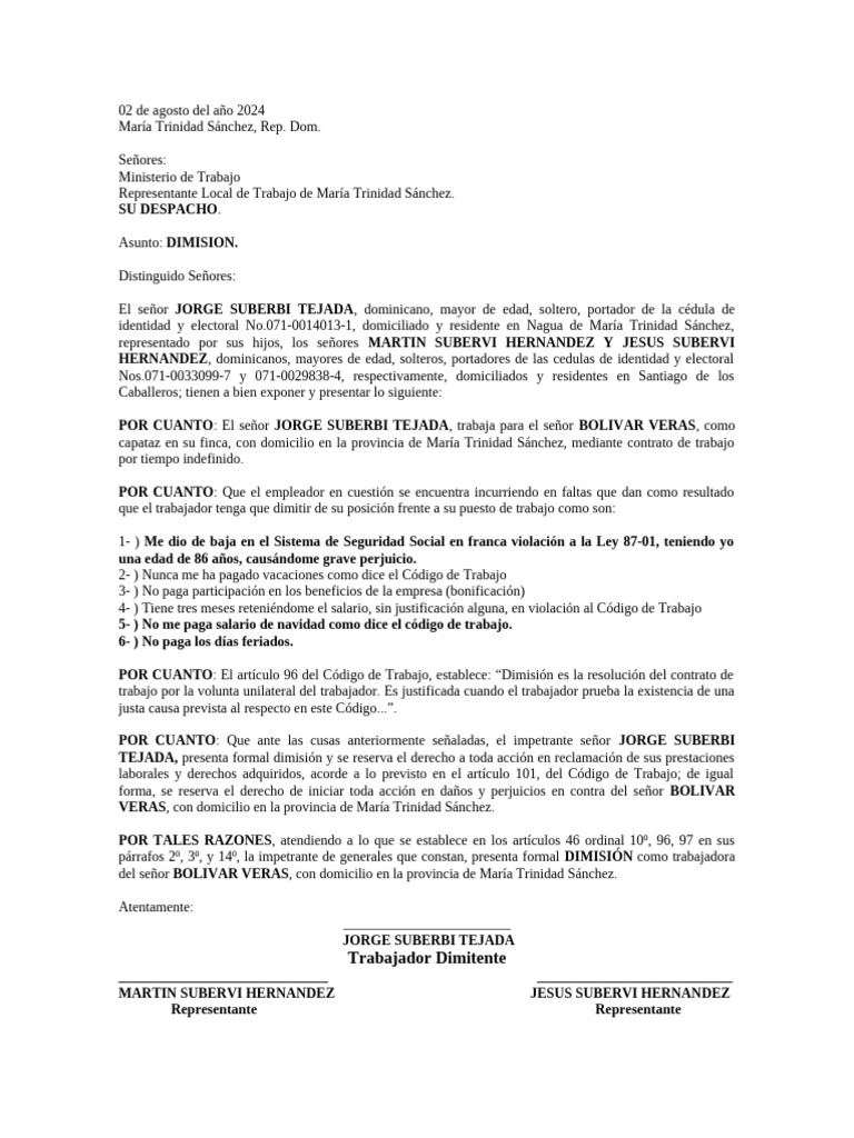 Carta de DIMISION Dirigida Al Representante Local JORGE SUBERBI 2024 VS ...