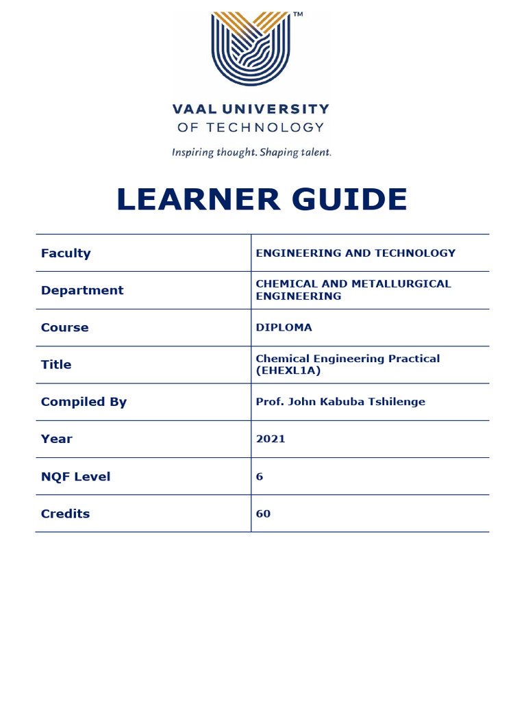Workplace Based Learning Study Guide Chemical Engineering 2022 | PDF