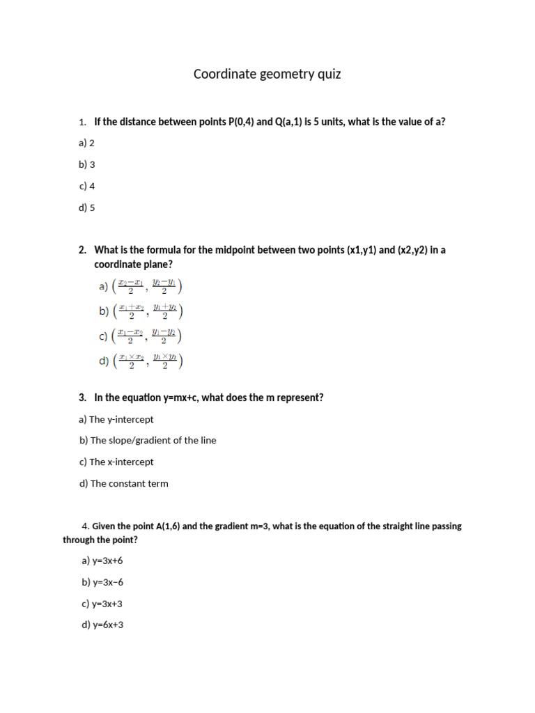 Coordinate Geometry Quiz | PDF