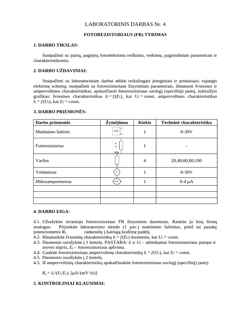 LD04 - Fotorezistoriaus - Tyrimas + | PDF