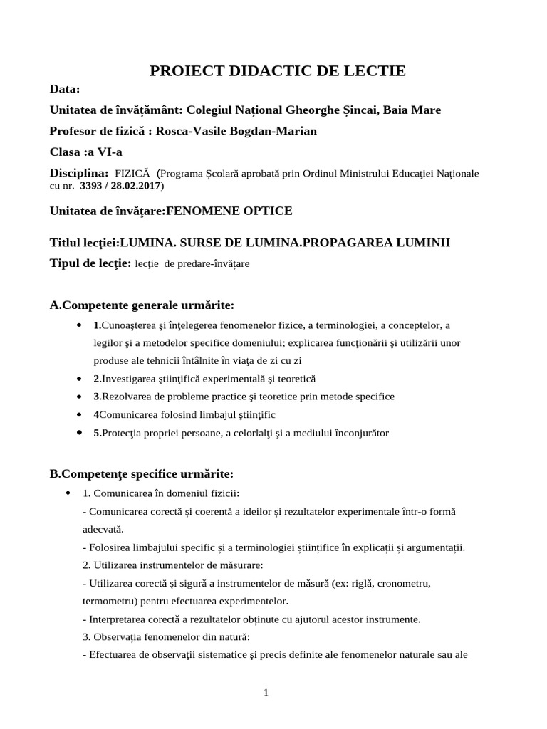 Proiect Didactic de Lectie | PDF