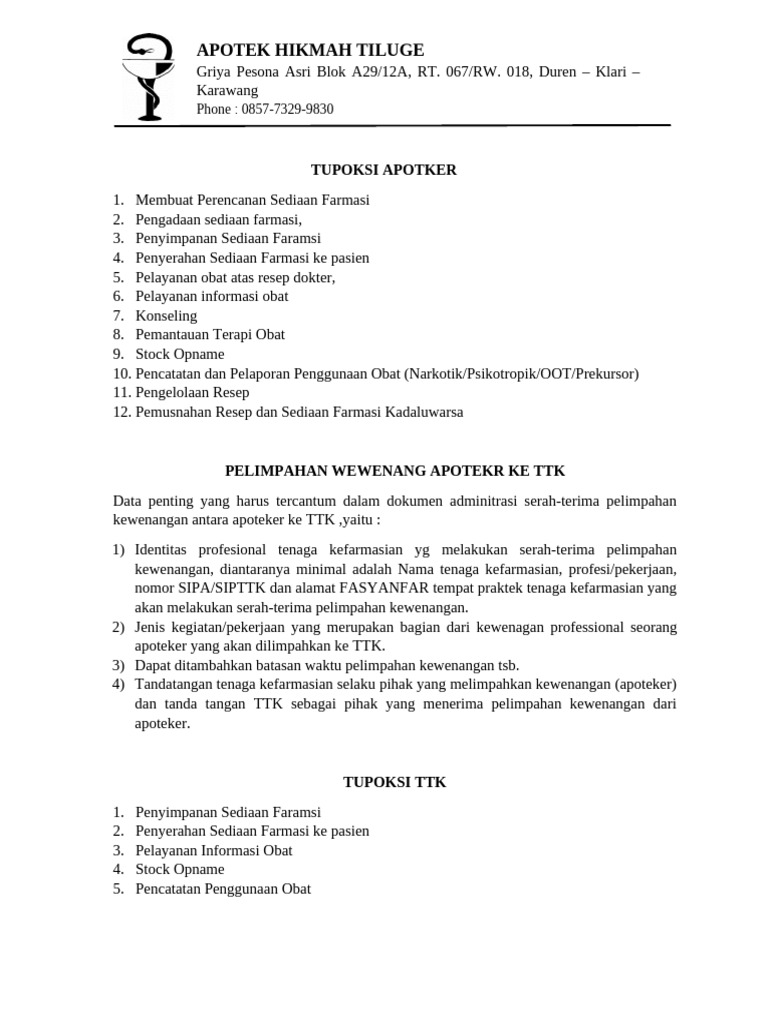 Tupoksi Apoteker Dan TTK | PDF