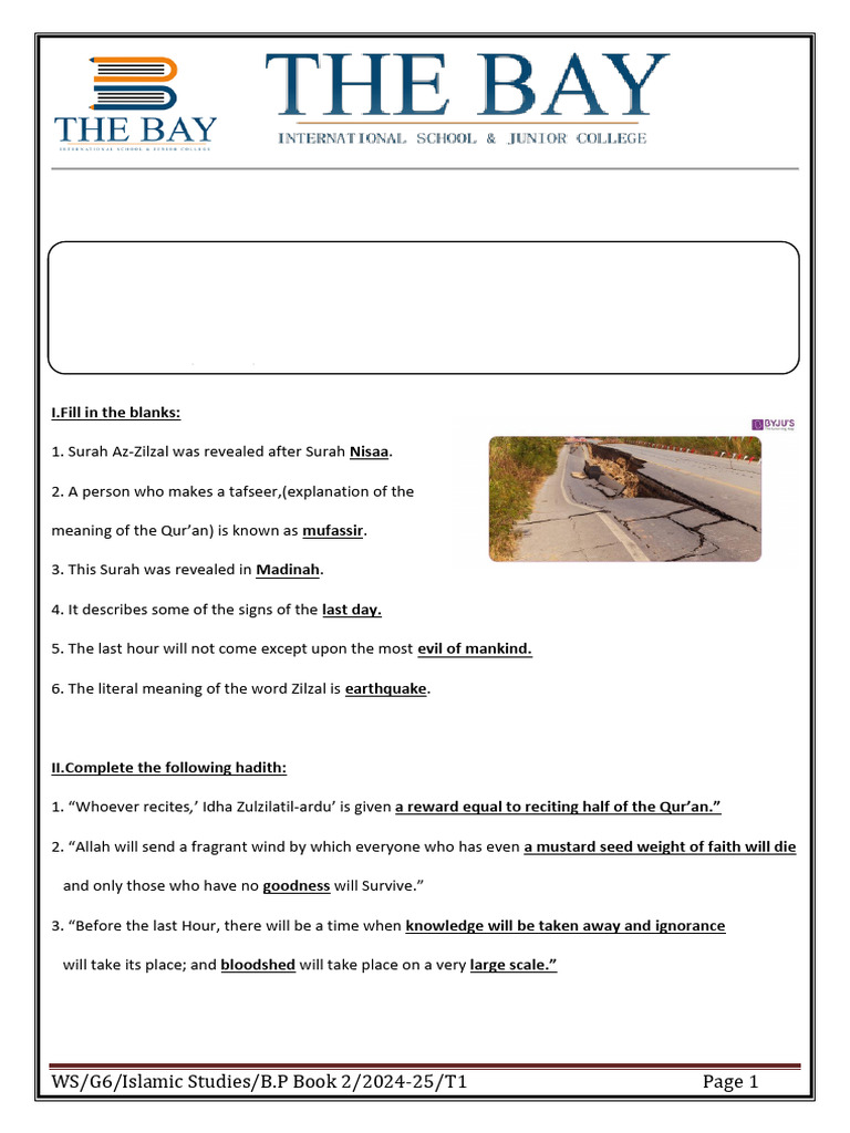 WS 9 - B.P - Tafseer Surah Az-Zilzal L5 - 2024-25 - Answer Key | PDF