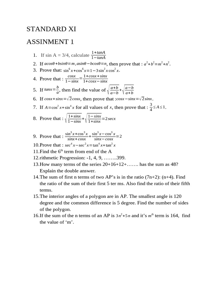 STANDARD XI Assignment 1 | PDF