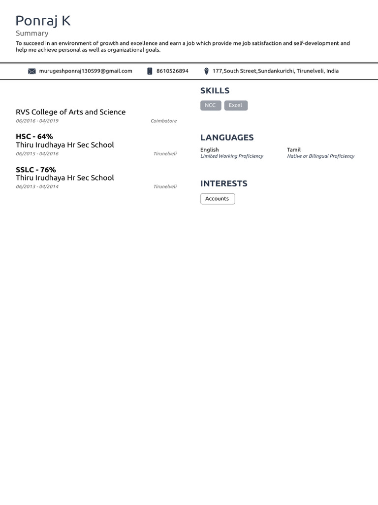 Ponraj K: Education Skills | PDF