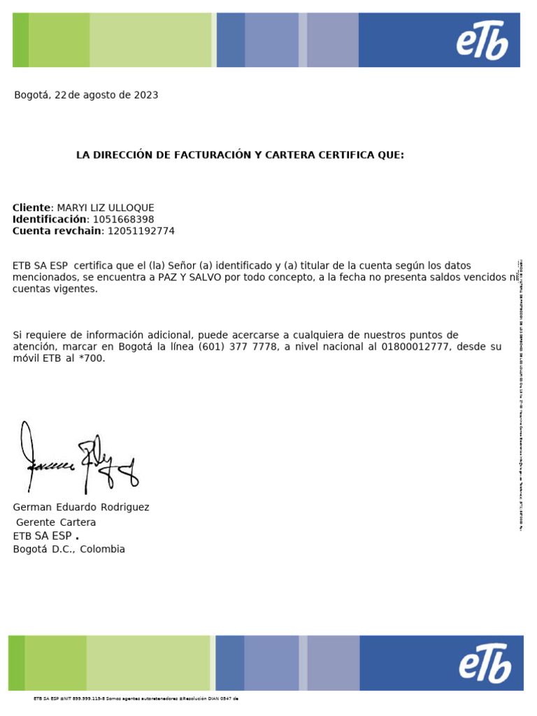 PAZ Y SALVO - ETB (2) | PDF