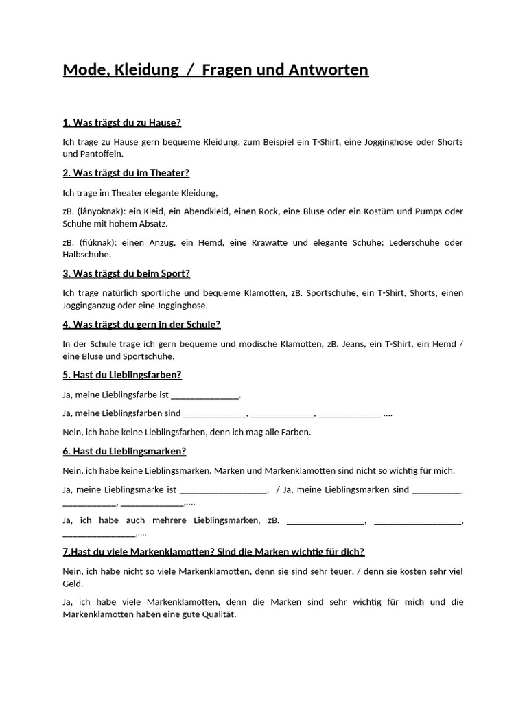 Mode, Kleidung - Fragen Und Antworten | PDF