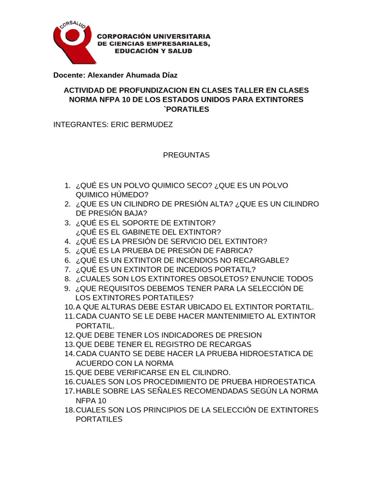 TALLER EN CLASES NORMA NFPA 10 (Eric Bermudez) | PDF