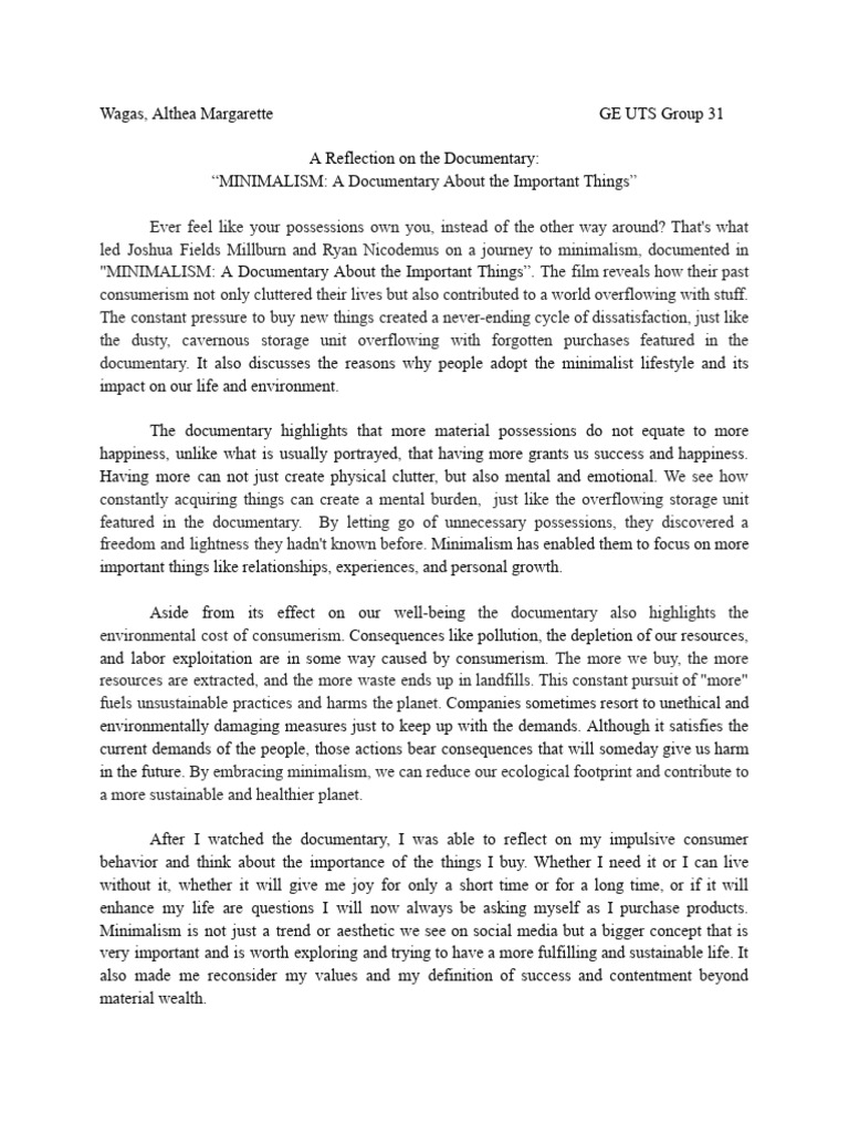 MINIMALISM - A Documentary About The Important Things - Reflection ...