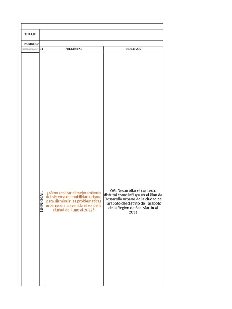 Hoja de Cálculo en Matriz - Planificacion - Urbana | PDF