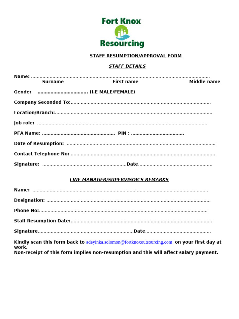 Staff Resumption Form | PDF
