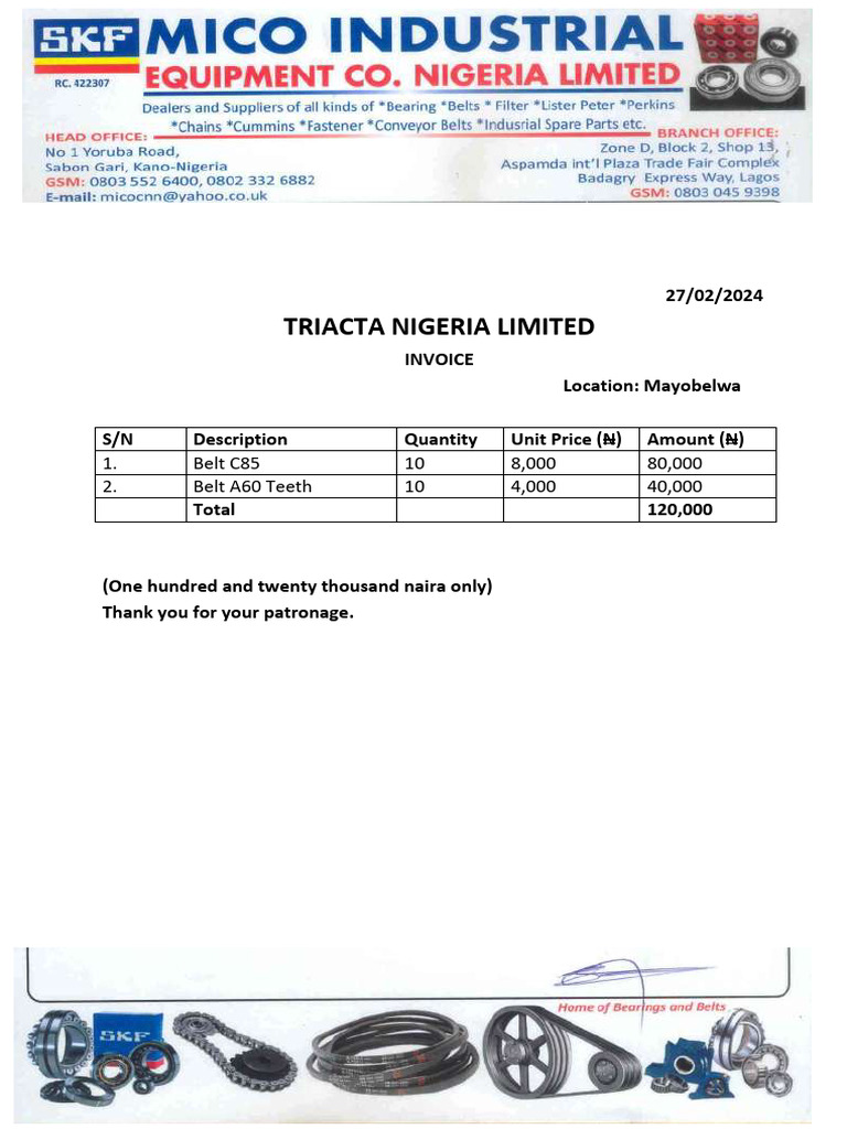 Triacta Nigeria Limited: 1. Belt C85 10 8,000 80,000 2. Belt A60 Teeth ...