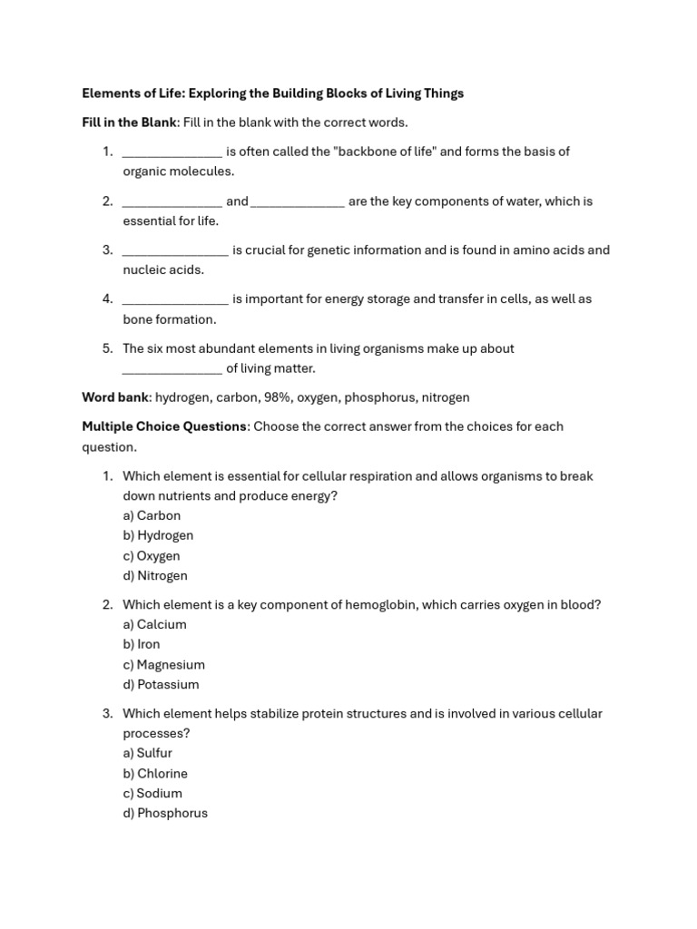 Biology Worksheet Elements of Living Things | PDF
