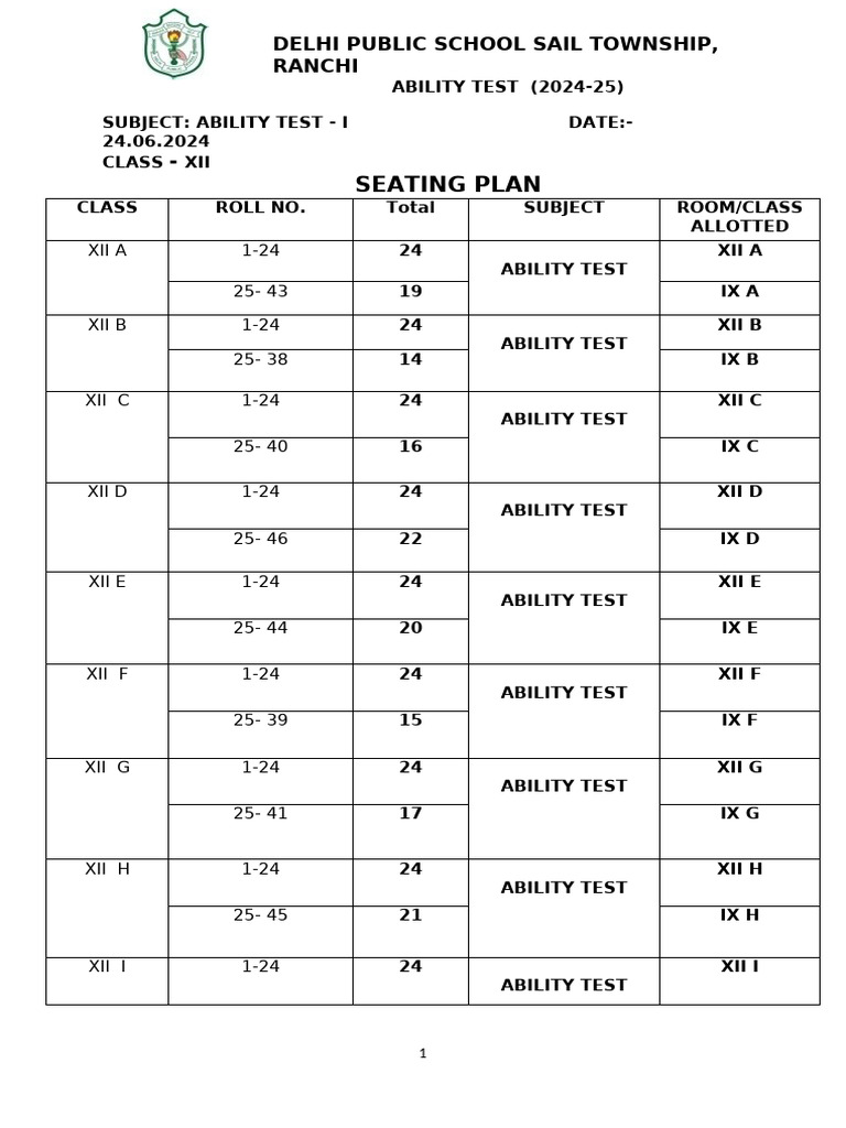 Xii Seating Plan 24.06.2024 Ability Test | PDF