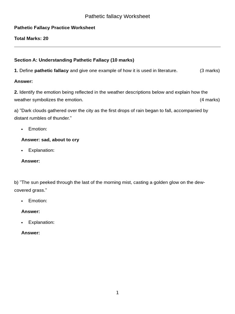 Pathetic Fallacy Worksheet Guide | PDF | Teaching Methods & Materials