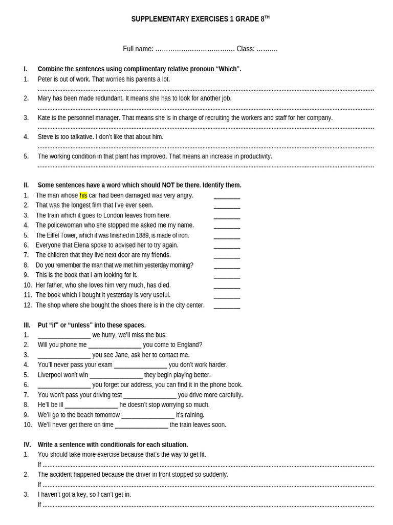 Supplementary Exercises 1 Grade 8th | PDF