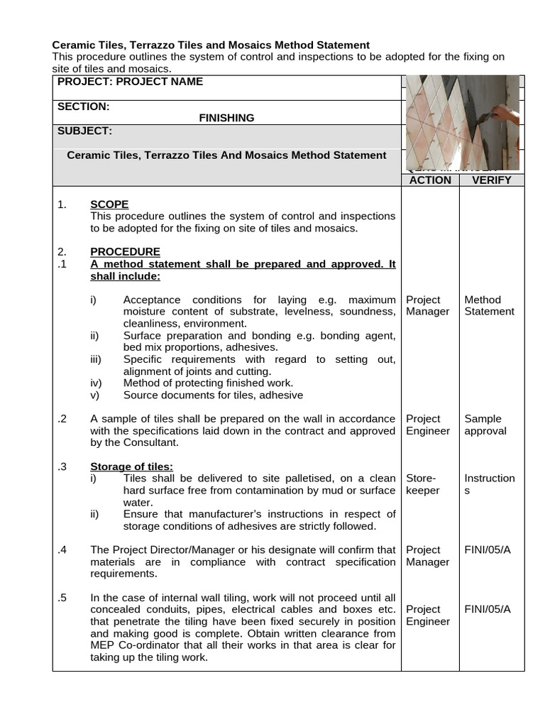 Ceramic Tiles Terrazzo Tiles and Mosaics Method Statement | PDF