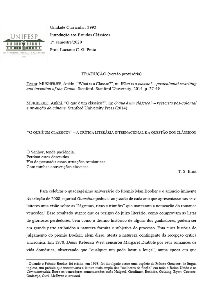 MUKHERJEE, Ankhi. "O Que É Um Clássico" | PDF