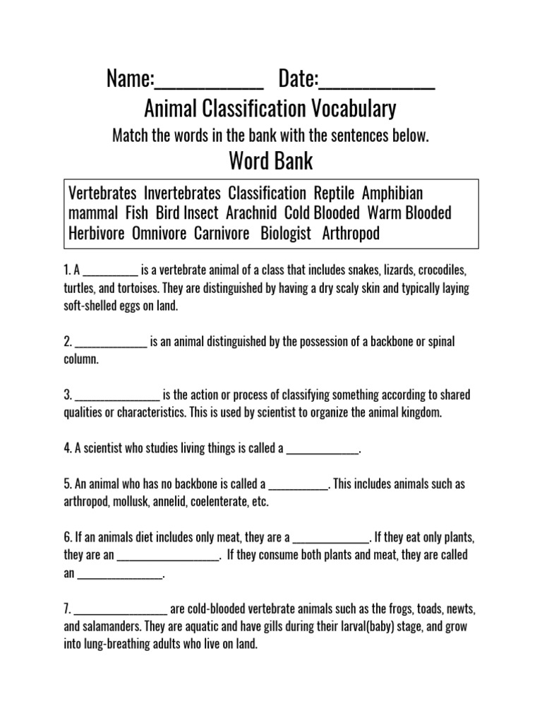 Name: - Date: - Animal Classification Vocabulary Word Bank | PDF