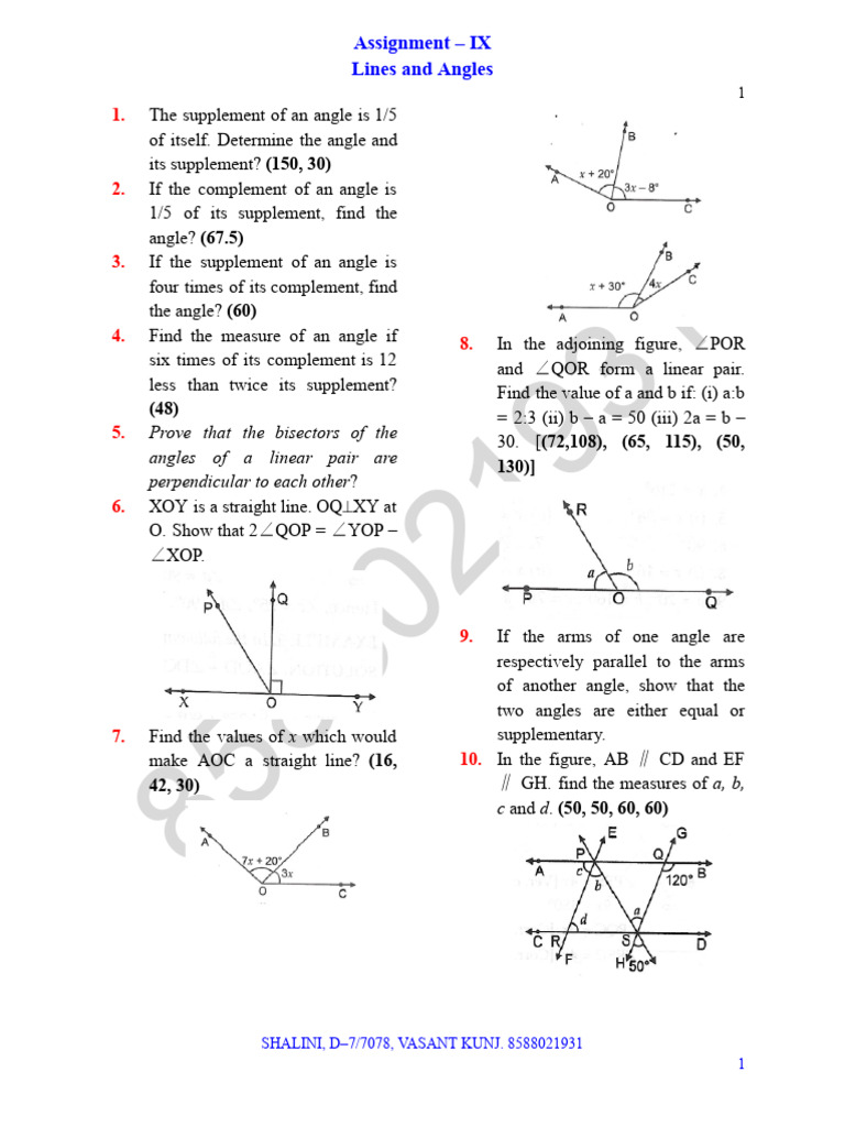 9 Lines & Angles Assignment GD | PDF