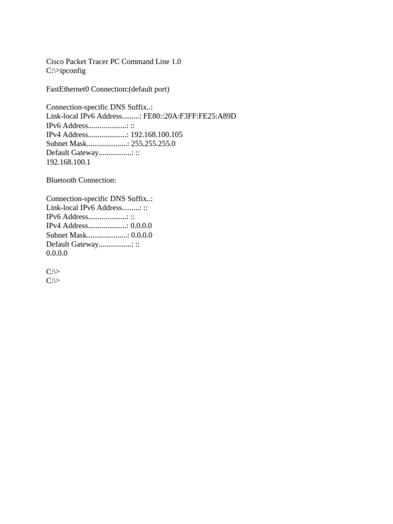 Cisco Packet Tracer PC Command Line 1 | PDF