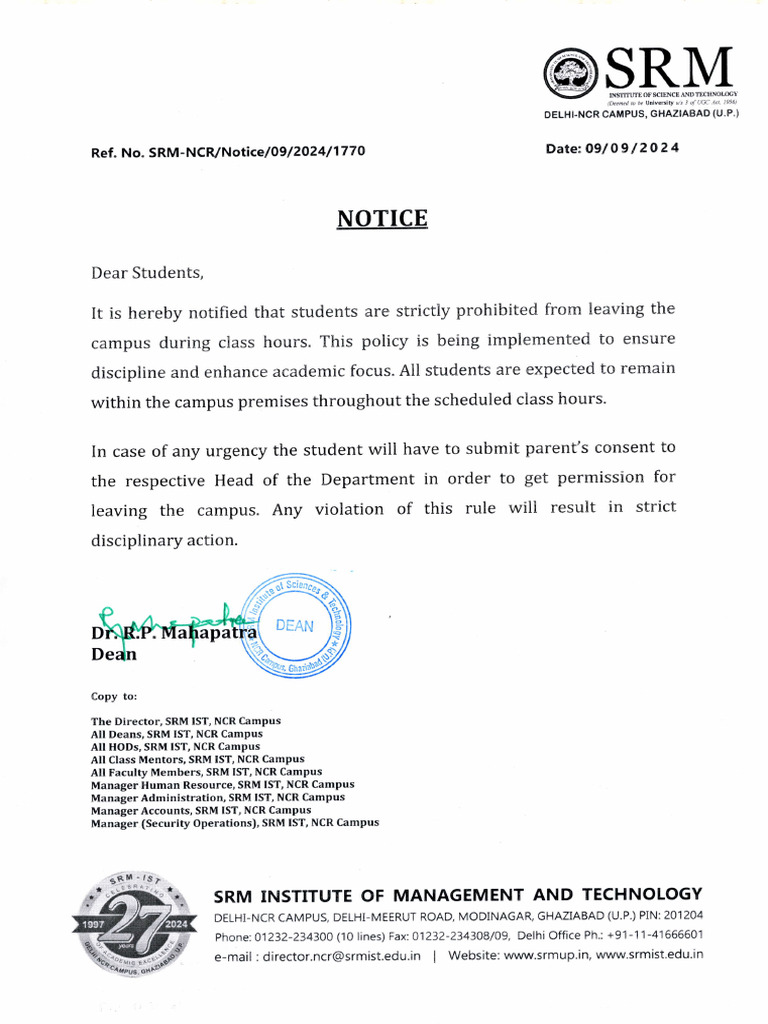 Notice - Students Are Strictly Prohibited From Leaving The Campus ...