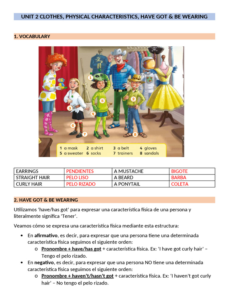Clothes, Physical Charcateristics, Have Got, Be Wearing | PDF