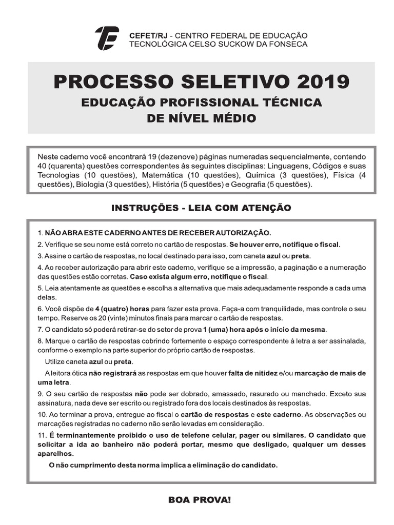 CEFET RJ 2019 1a Fase Ilovepdf | PDF