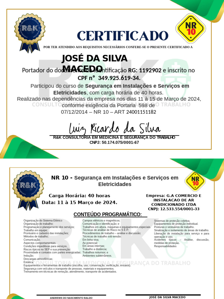 Certificado Nr10 Modelo | PDF
