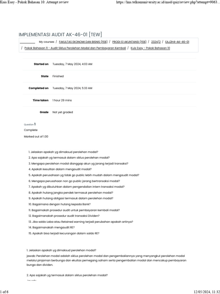 Kuis Esay - Pokok Bahasan 10 Attempt Review | PDF