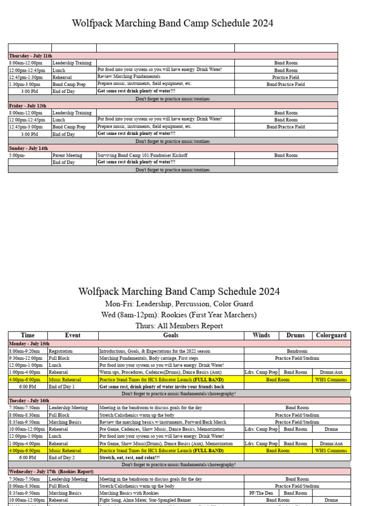 2024 WHS Band Camp Schedule.xlsx.Xlsx | PDF