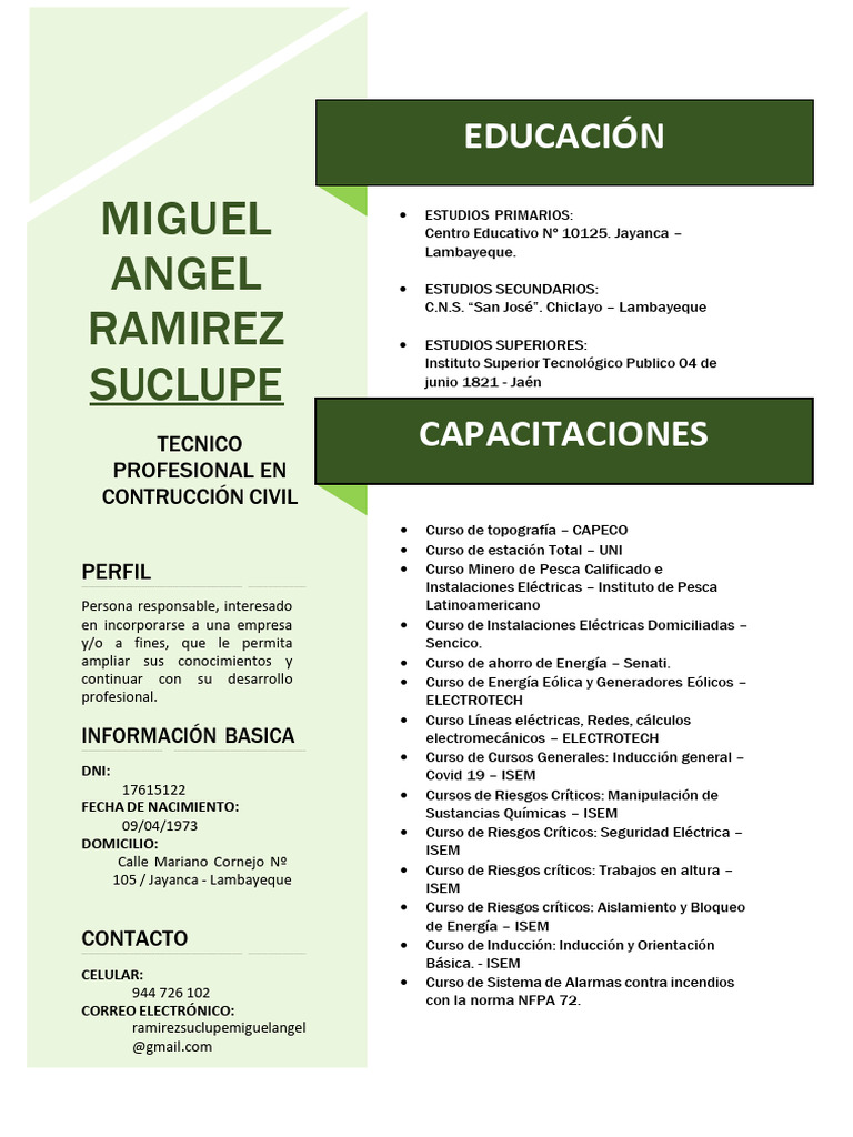 CV - Ramirez Suclupe Miguel Capataz | PDF