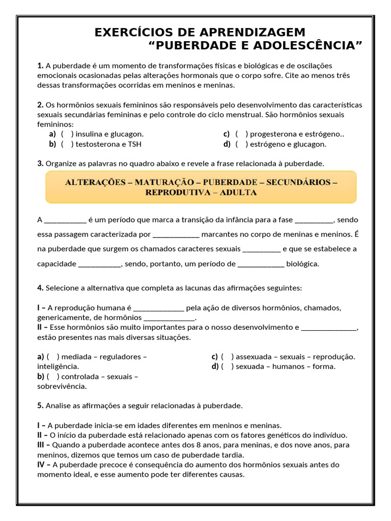 Exercícios de Aprendizagem Puberdade e Adolescencia 8 Ano | PDF