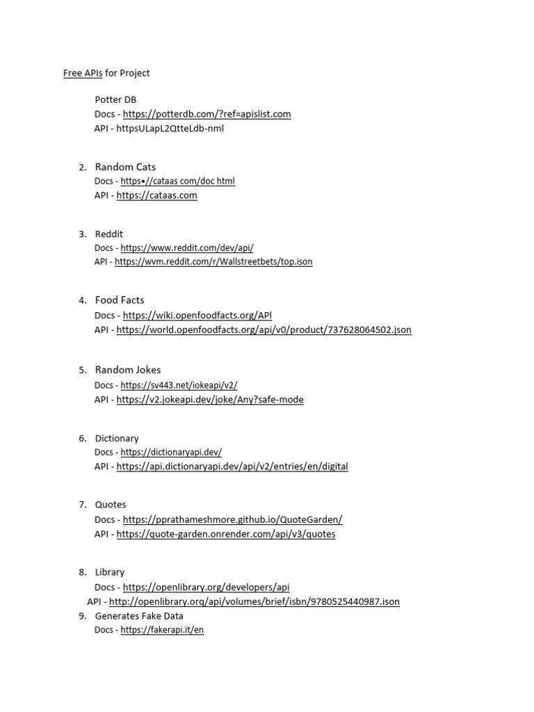 Free APIs List for Project | PDF