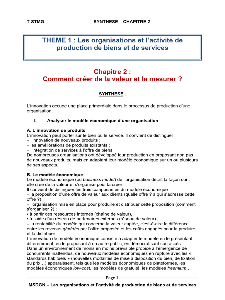 Synthese - Chapitre 2 - Comment Creer de La Valeur Et La Mesurer | PDF