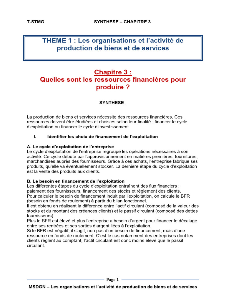 Synthese - Chapitre 3 - Quelles Sont Les Ressources Financiere Pour ...